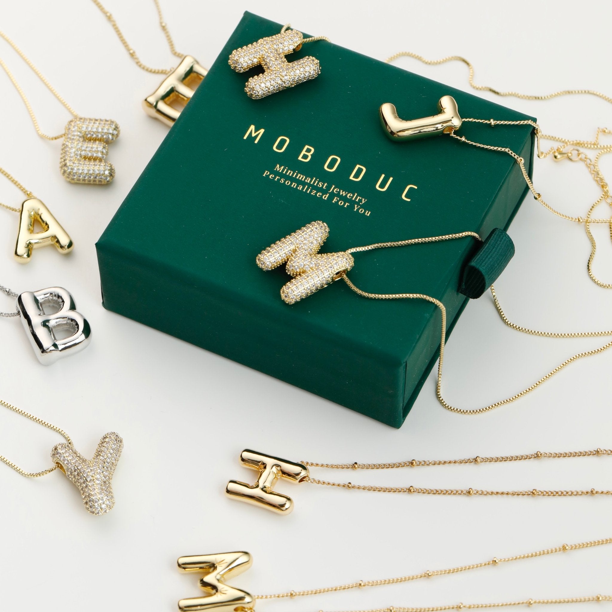 Balloon Initial Necklace Gold, Pave Bubble Letter Necklace